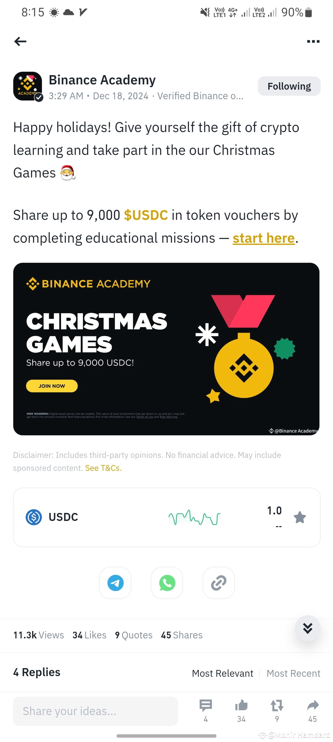 Binance Accademi is where you can learn and earn USDC: wach | Monir ...