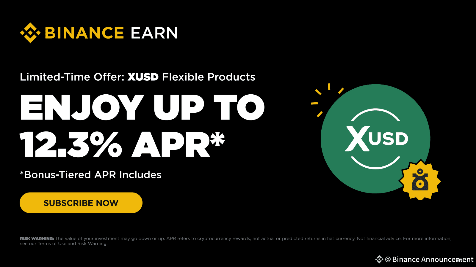 Binance Earn: Enjoy Up to 12.3% APR with XUSD Flexible Products! | Binance Announcement on ...