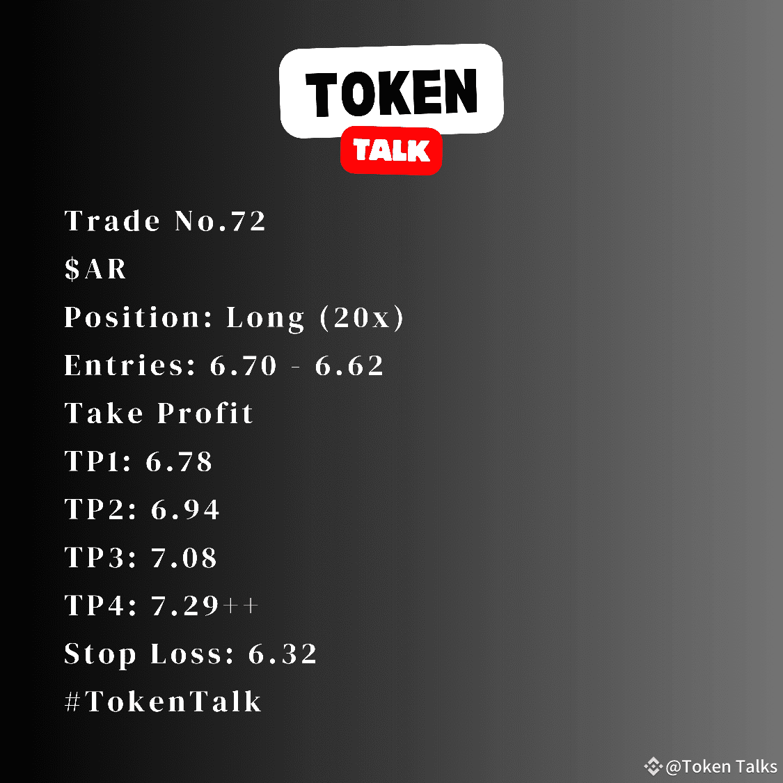 Trade No.72 $AR Position: Long (20x) Entries: 6.70 - 6.62 # | Token Talks on Binance Square