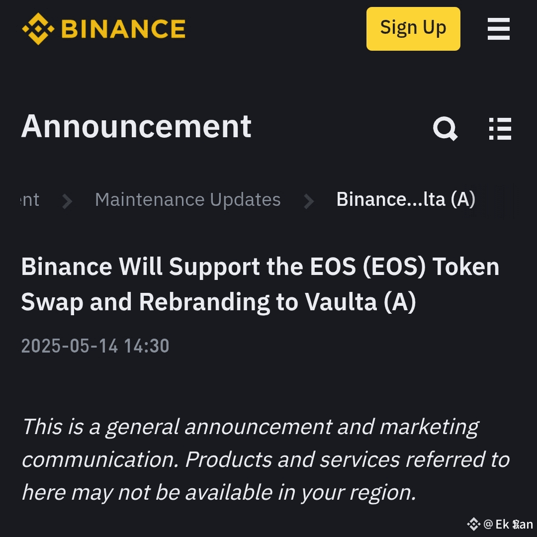 🚨Binance Supports $EOS Token Swap and #Rebrands to Vaulta ( | Ek San on Binance Square
