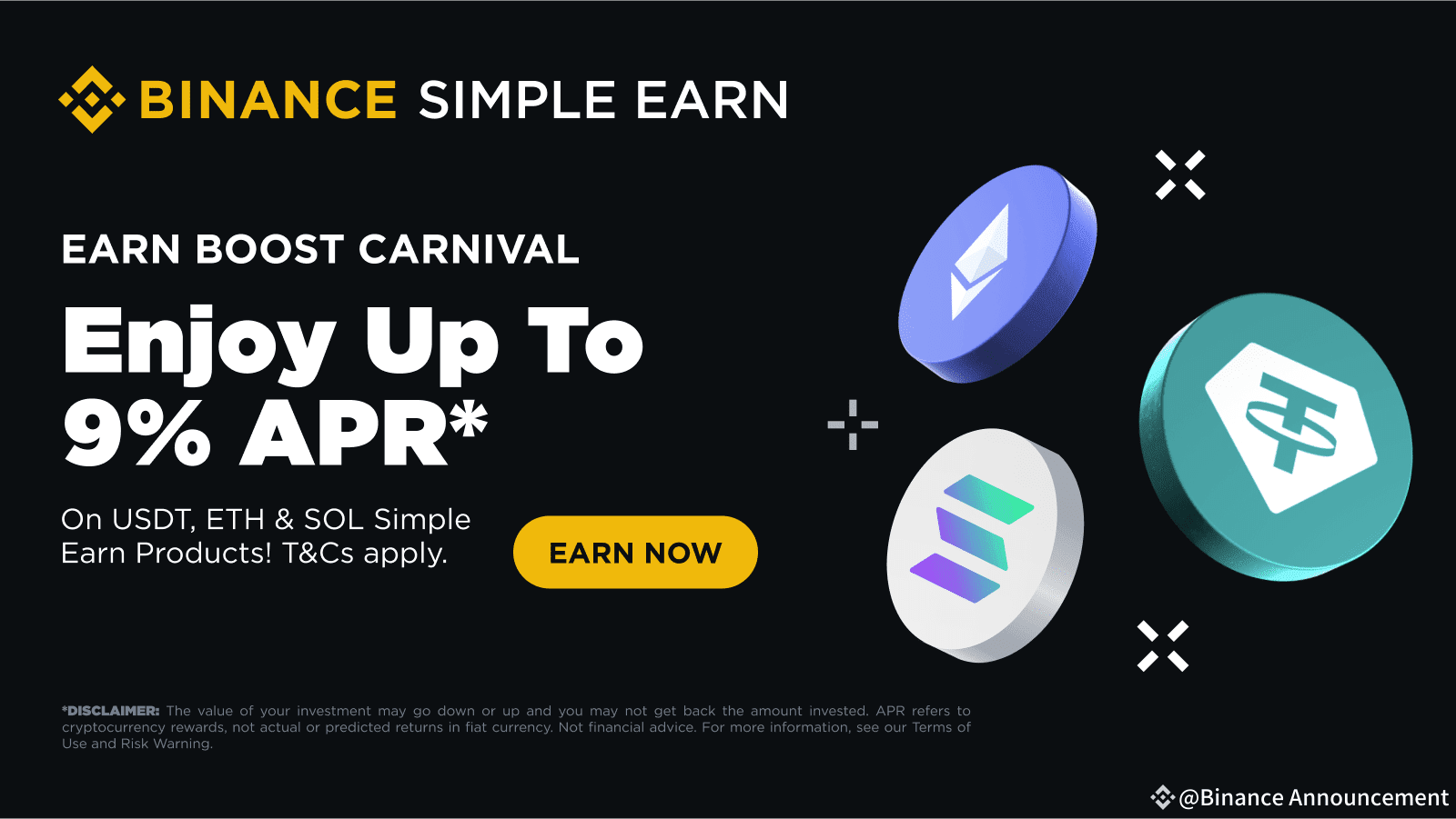 Binance Earn Boost Carnival: Enjoy Up to 9%* APR with USDT, ETH, and SOL Simple Earn Products ...