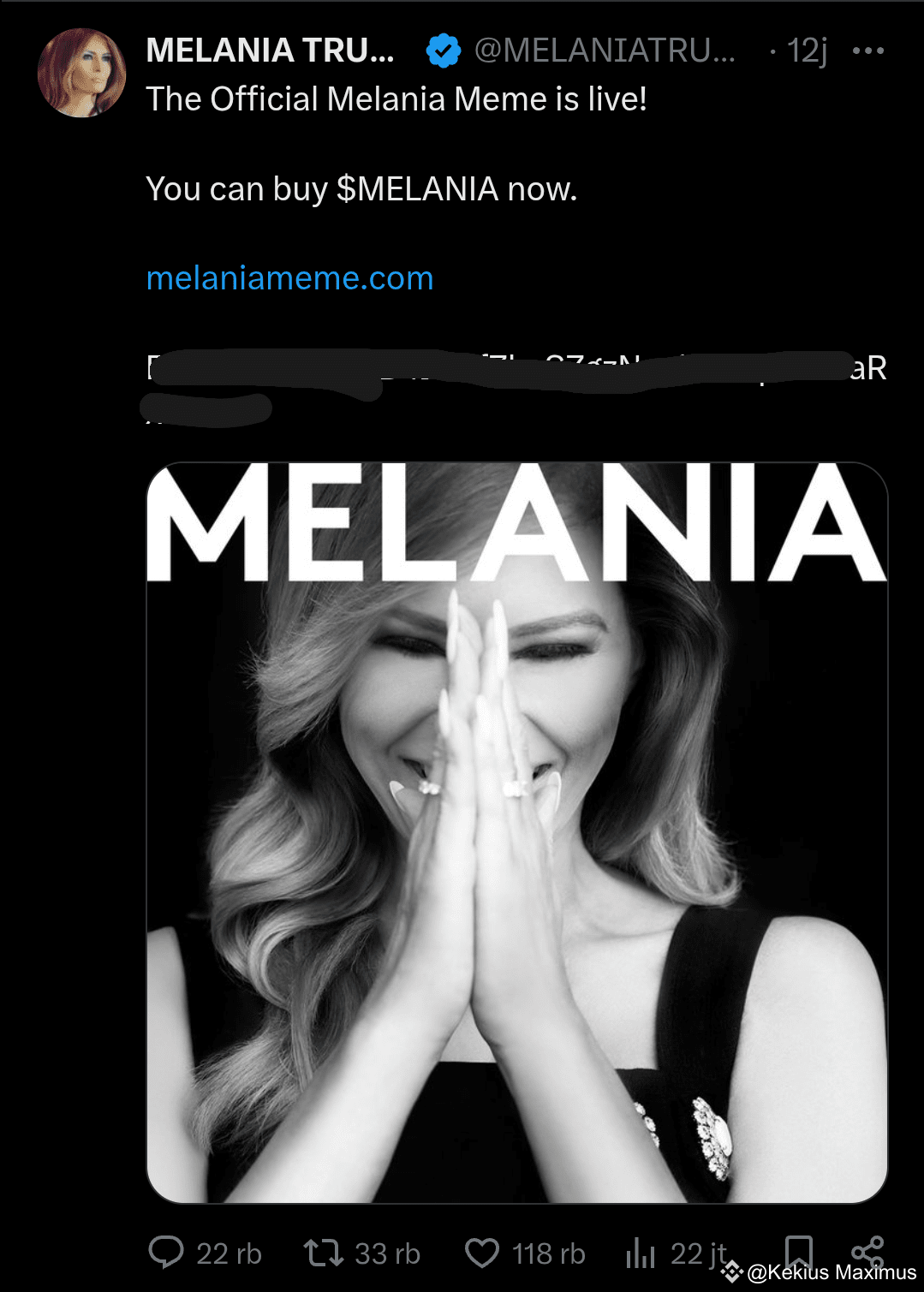 The MELANIA token was launched by Melania Trump, following t | Kekius ...