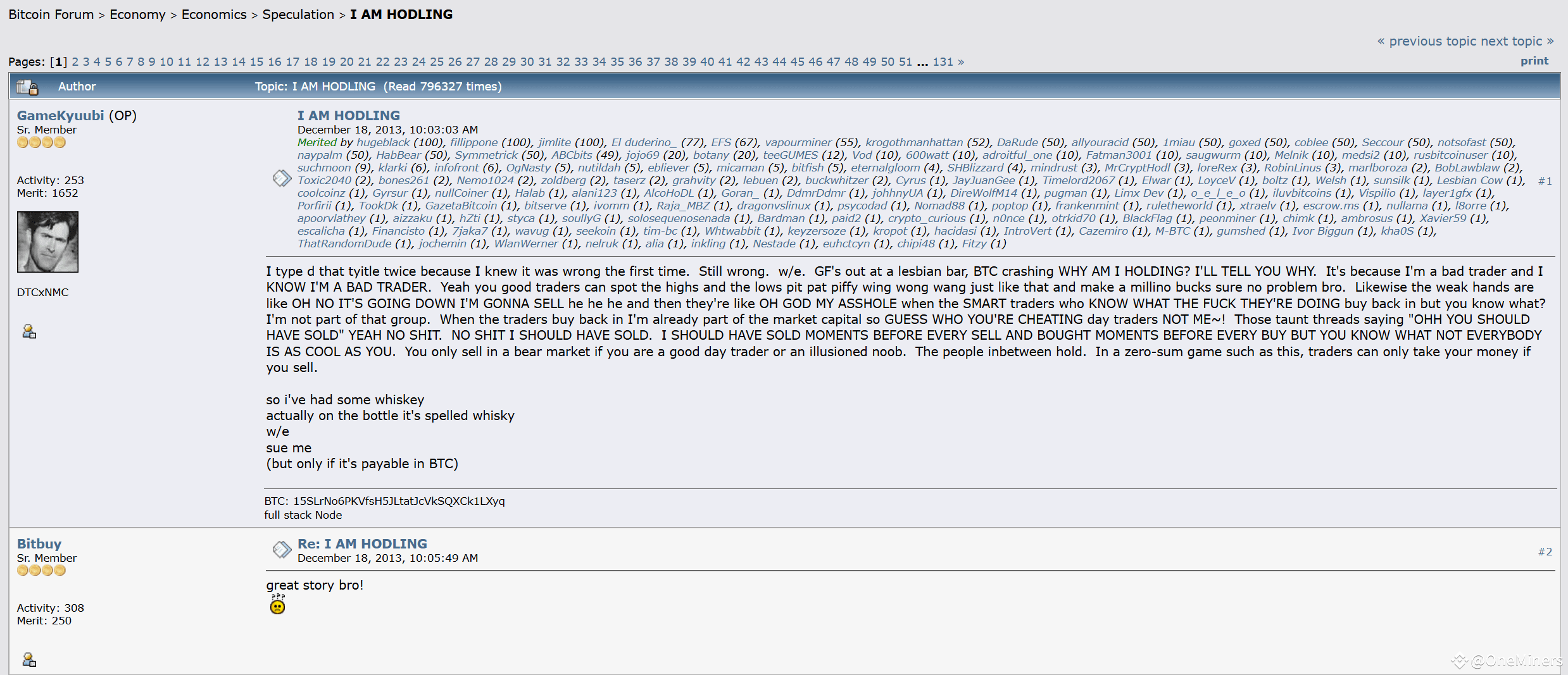 It's been more than 11 years since the legendary #HODL post | OneMiners ...