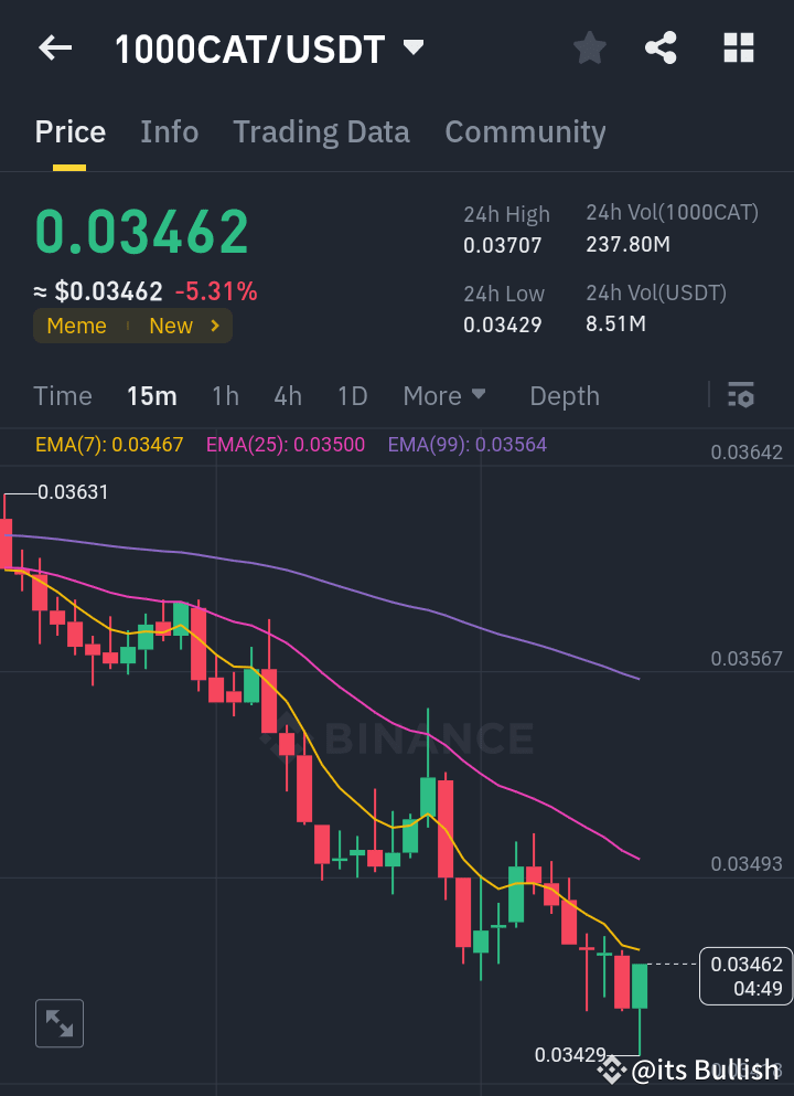 The chart for $1000CAT /USDT shows a bearish trend, with th | Ashh ...