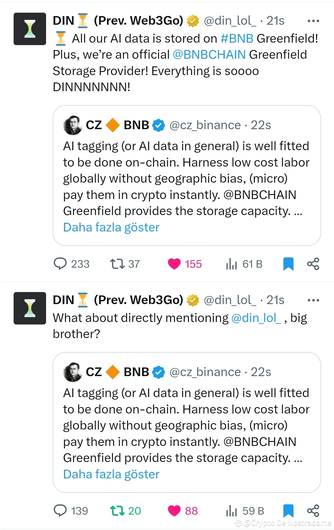 🌟 Big Collaboration: DIN x BNBChain Greenfield! DIN combi | Crypto De Nostradame on Binance Square