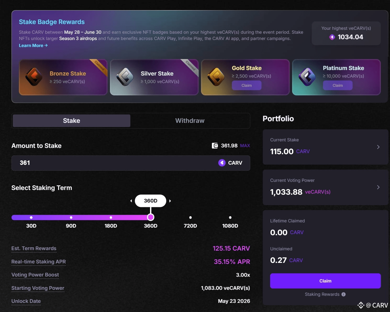 CARV Stake Badge Rewards are now live! From May 28 – June | CARV on Binance Square