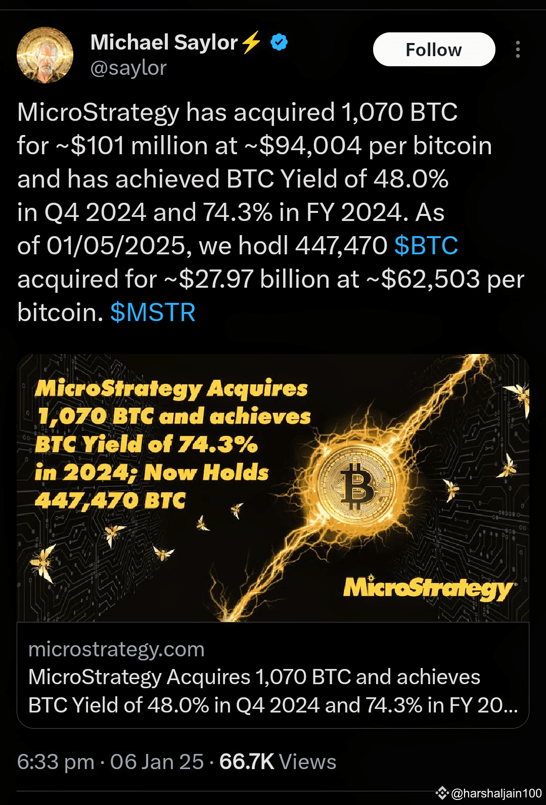 MICROSTRATEGY BUYS ANOTHER 1,070 BITCOIN FOR $101 MILLION. | harshaljain100 on Binance Square