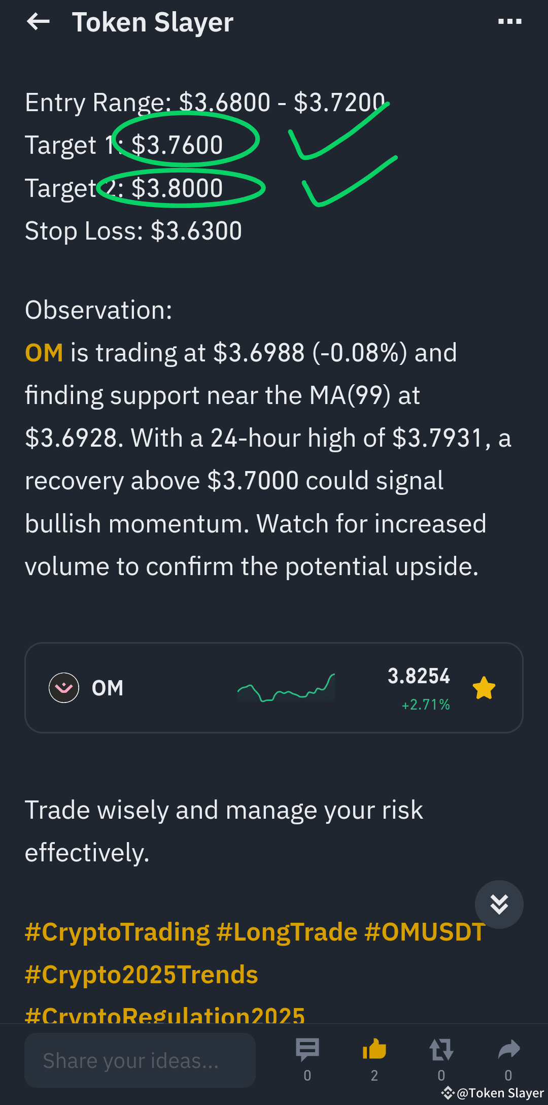 💵$OM - Signal provided 9 hours before from now have hitted | Token Slayer on Binance Square