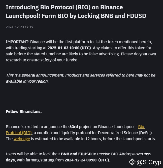Binance Launchpool $BIO - DeSci sector project | S Cryp on Binance Square