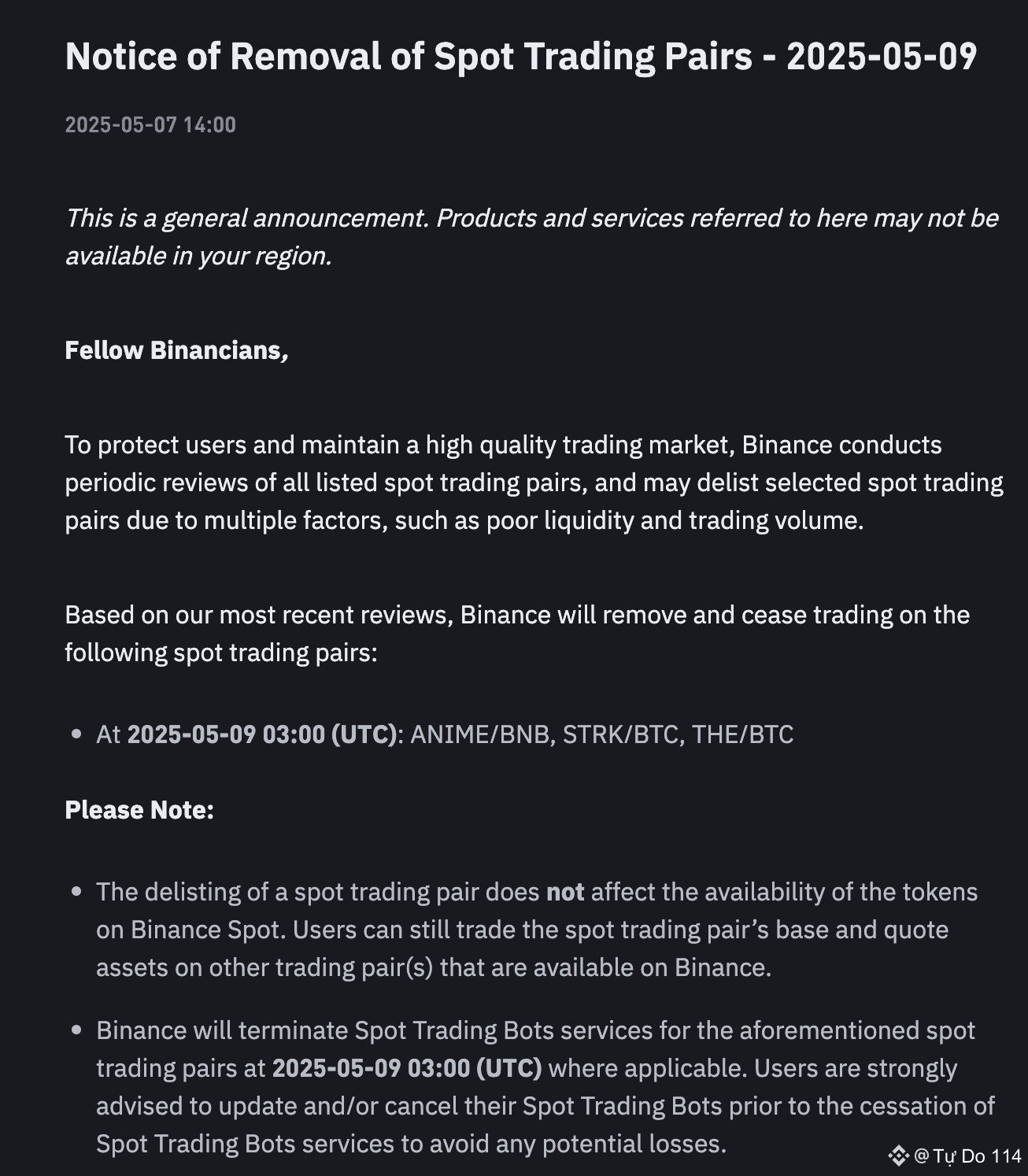 Binance Suspends Trading of Spot Pairs: ANIME/BNB, STRK/BTC, THE/BTC ...