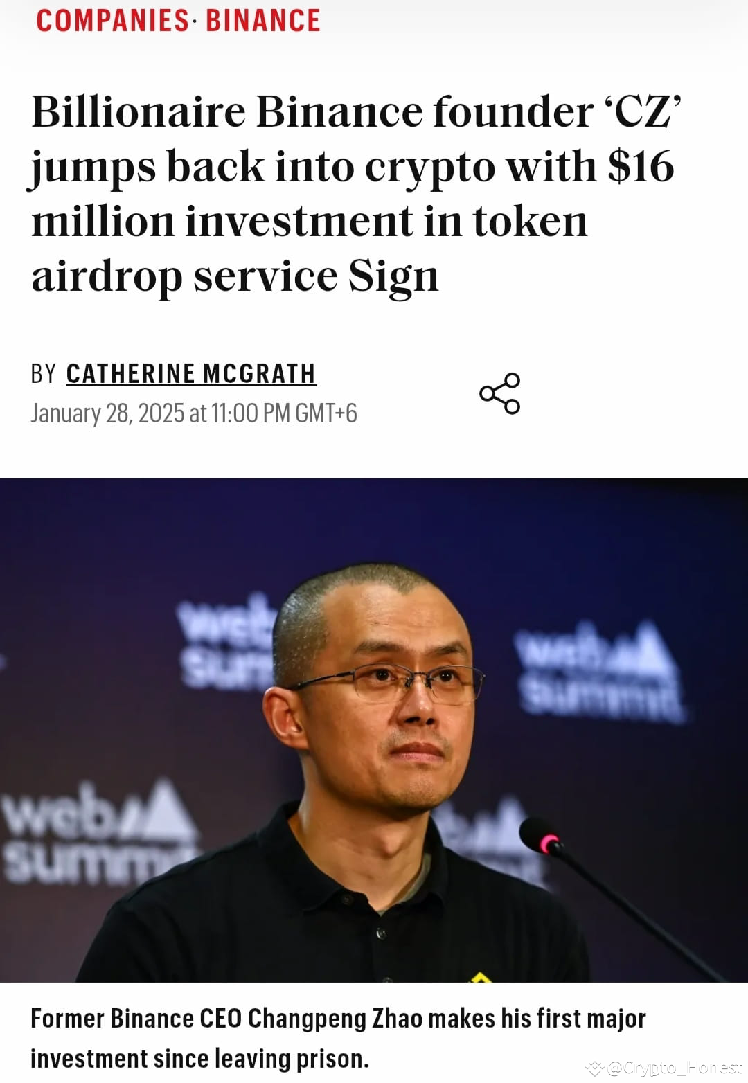 Billionaire Binance founder ‘CZ’ jumps back into crypto with | Crypto ...