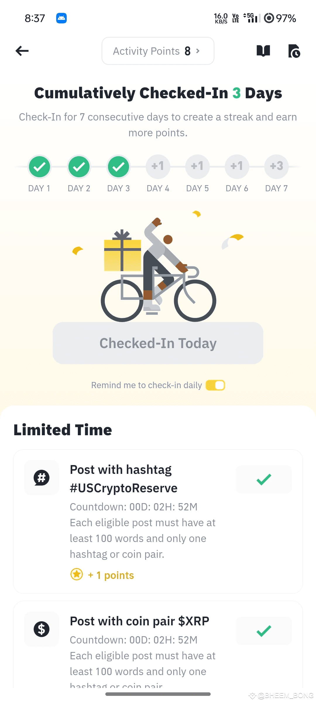 Check in Daily to Get Reward points ️Visit Task Center | BHEEM_BONG on ...