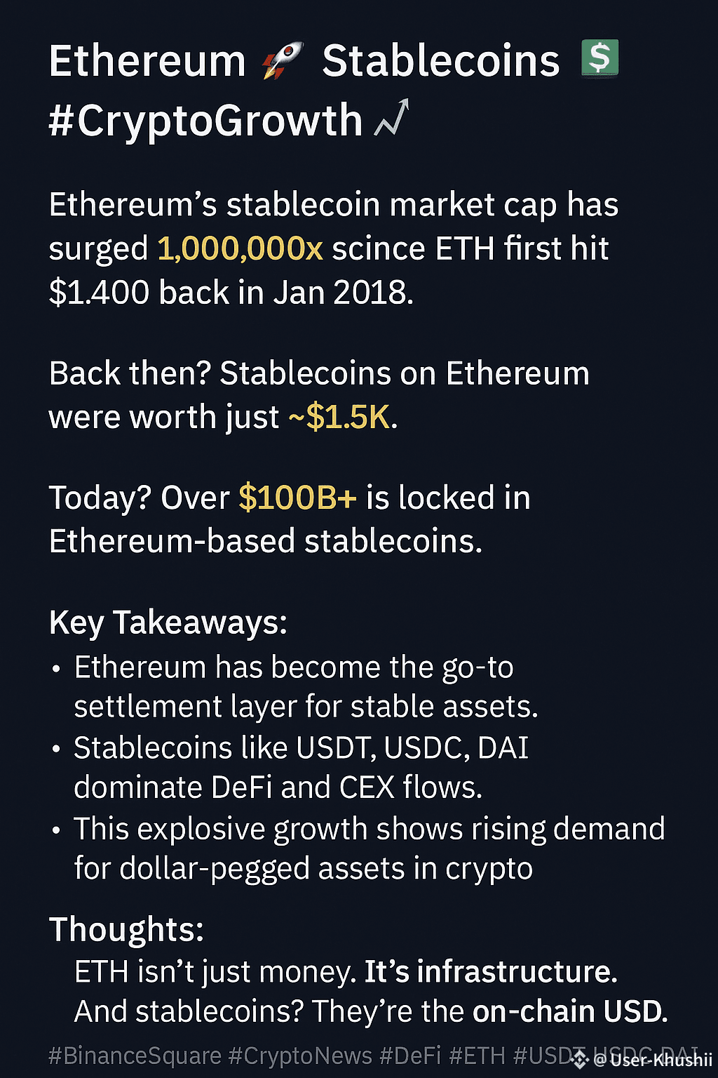 👉Ethereum’s stablecoin market cap jumps 1m-fold since the f | User-Khushii on Binance Square