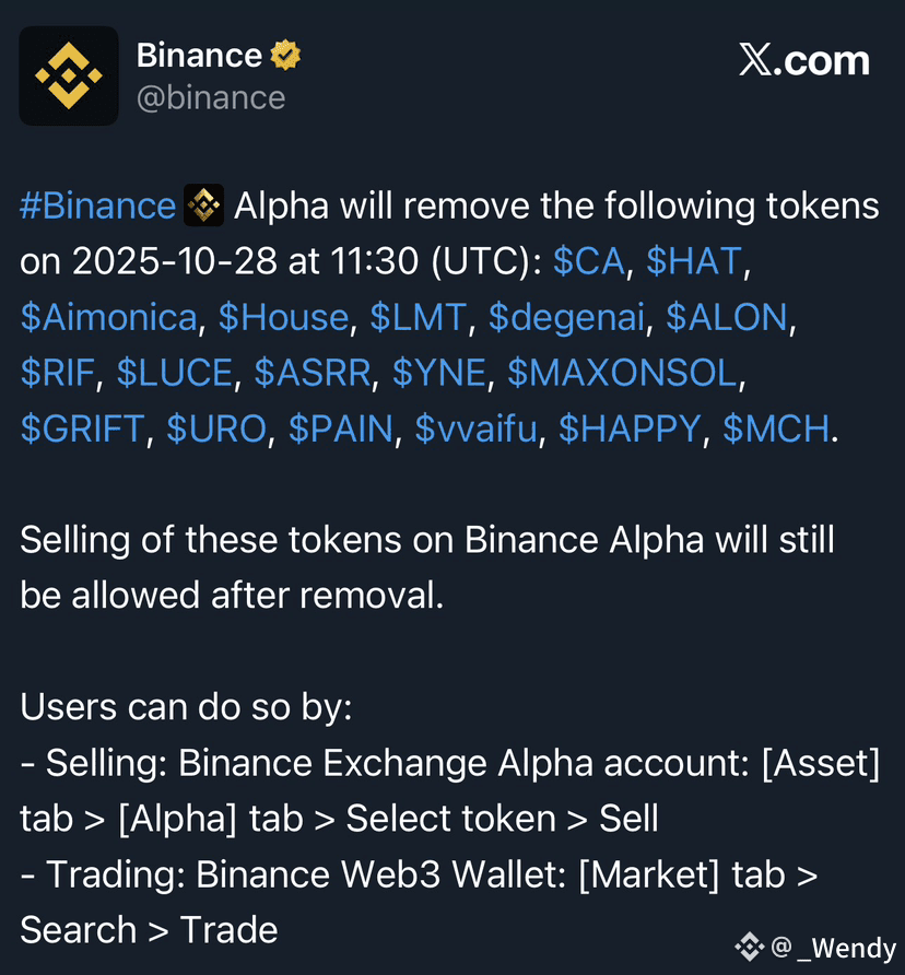 $BNB Binance Alpha to Delist 18 Tokens on October 28 — Users | _Wendy ...