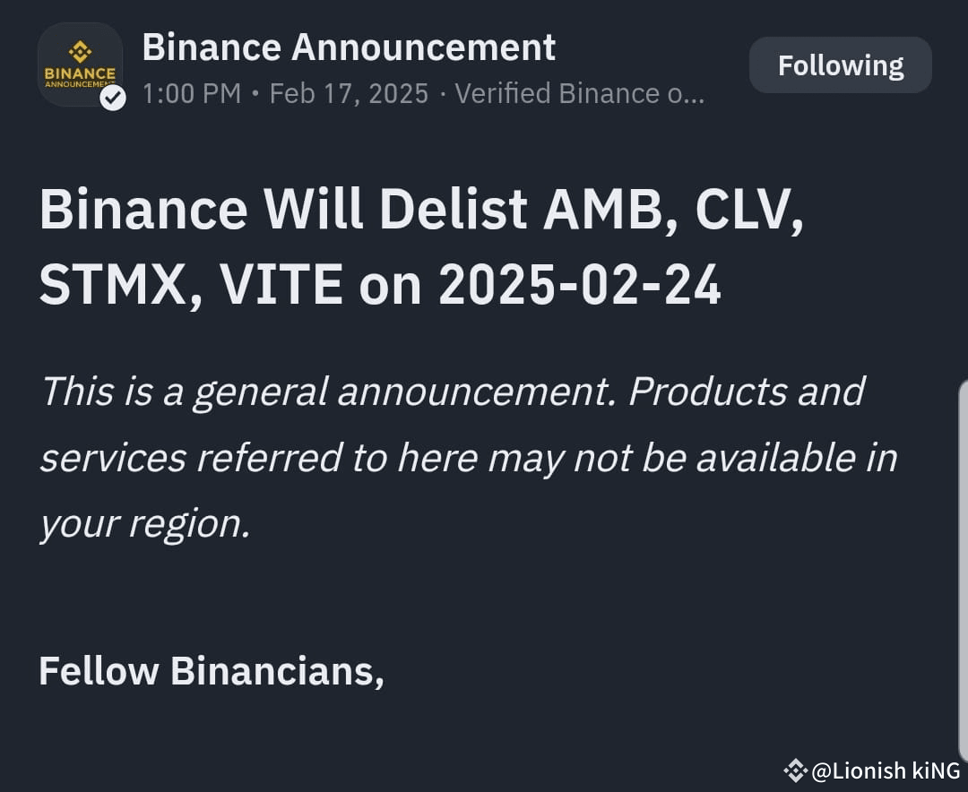 #DelistingAlert ⛔ #AMB $CLV $STMX $VITE on delisting Binanc | Lionish kiNG on Binance Square