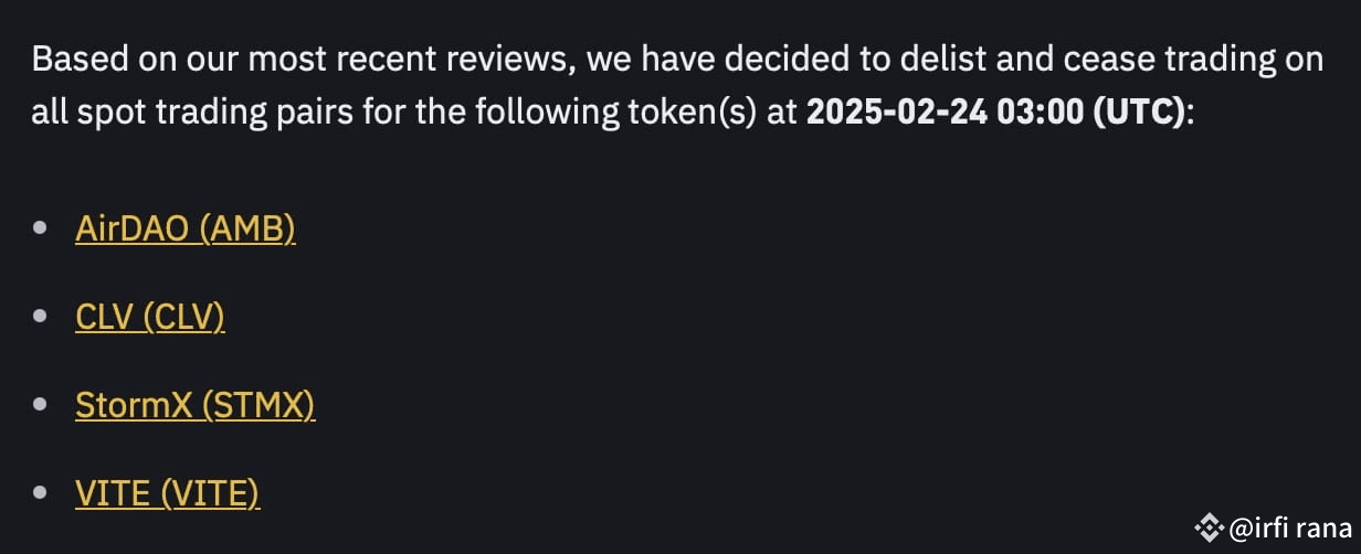 Binance to Delist AMB, CLV, STMX, and VITE on February 24, 2 | irfi rana on Binance Square