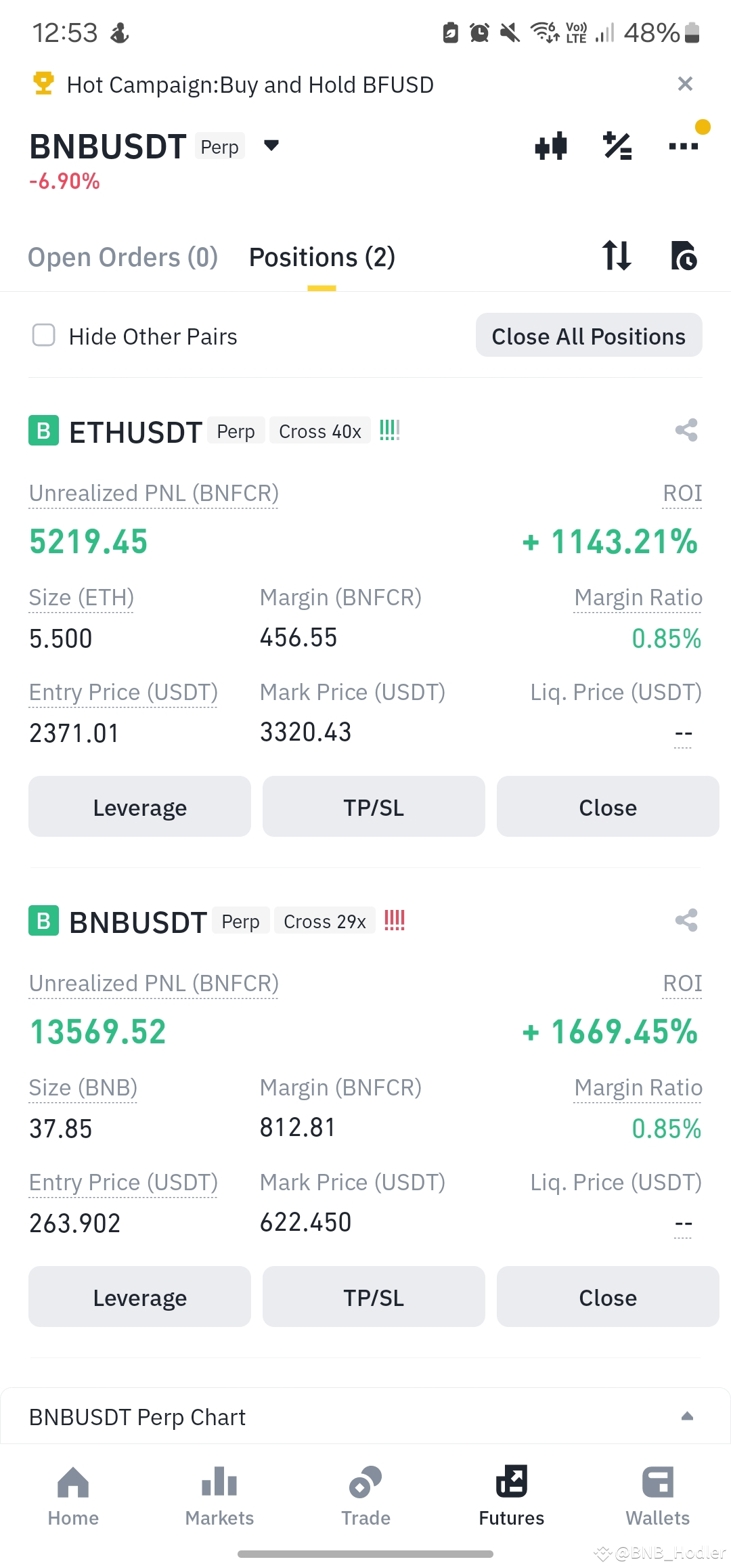 Market is red, but I’m still there, My LONGs on $ETH , $BNB | BNB_Hodler on Binance Square
