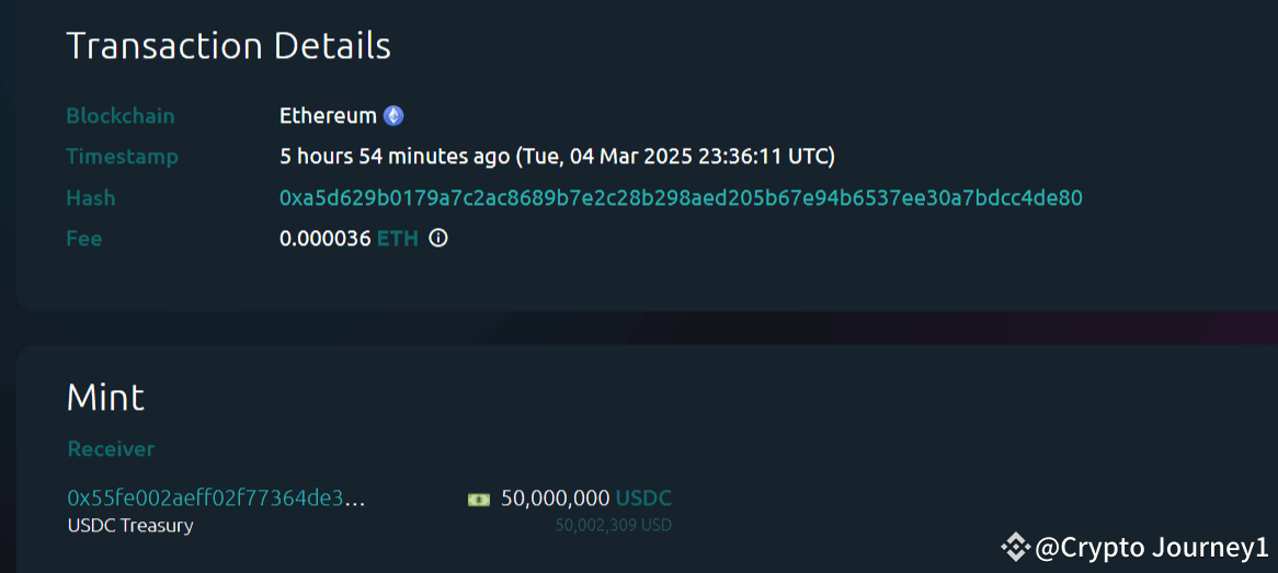🚨 MASSIVE USDC MINT: 50,000,000 USDC (50,001,100 USD) CREAT | Crypto Journey1 on Binance Square