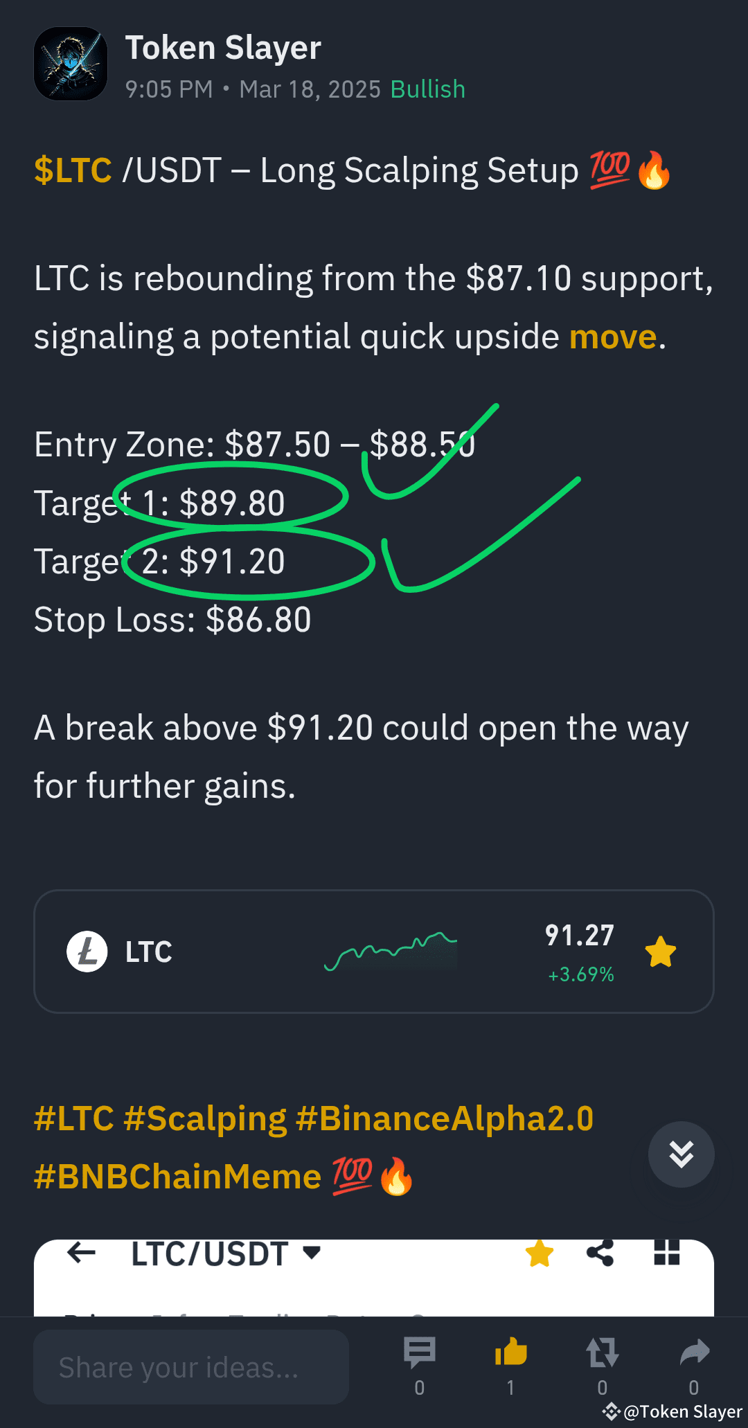 💵$LTC Long - Signal provided Yesterday have hitted all the | Token Slayer on Binance Square
