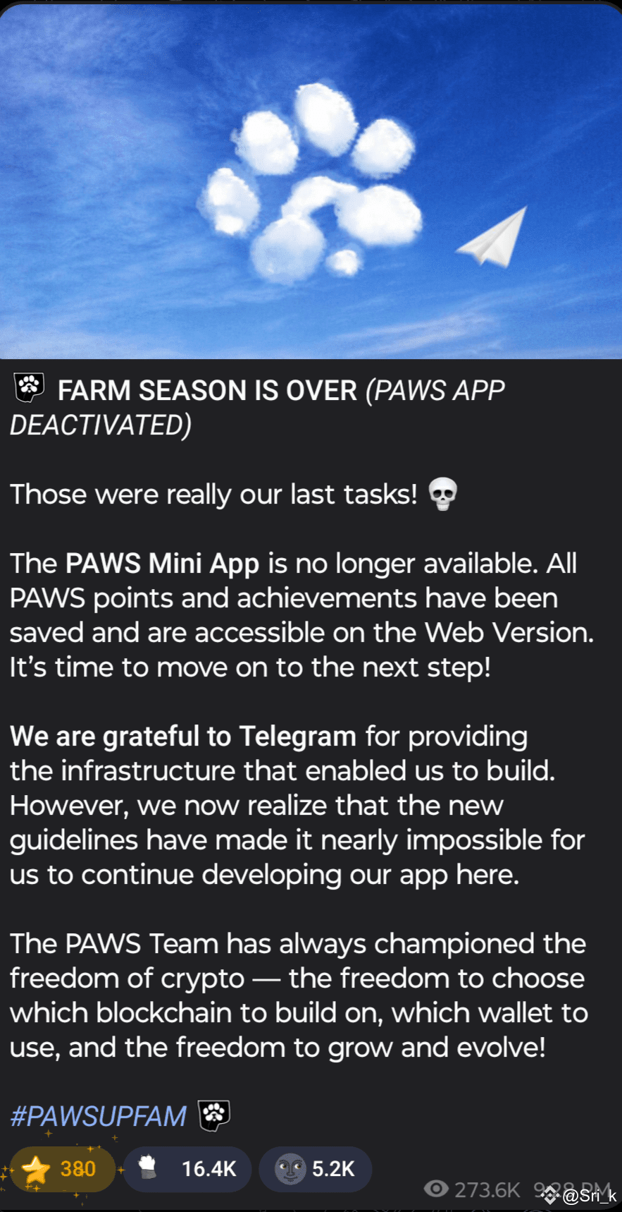 PAWS🐾 app has been deactivated from telegram and can be ac | Sri_k on ...