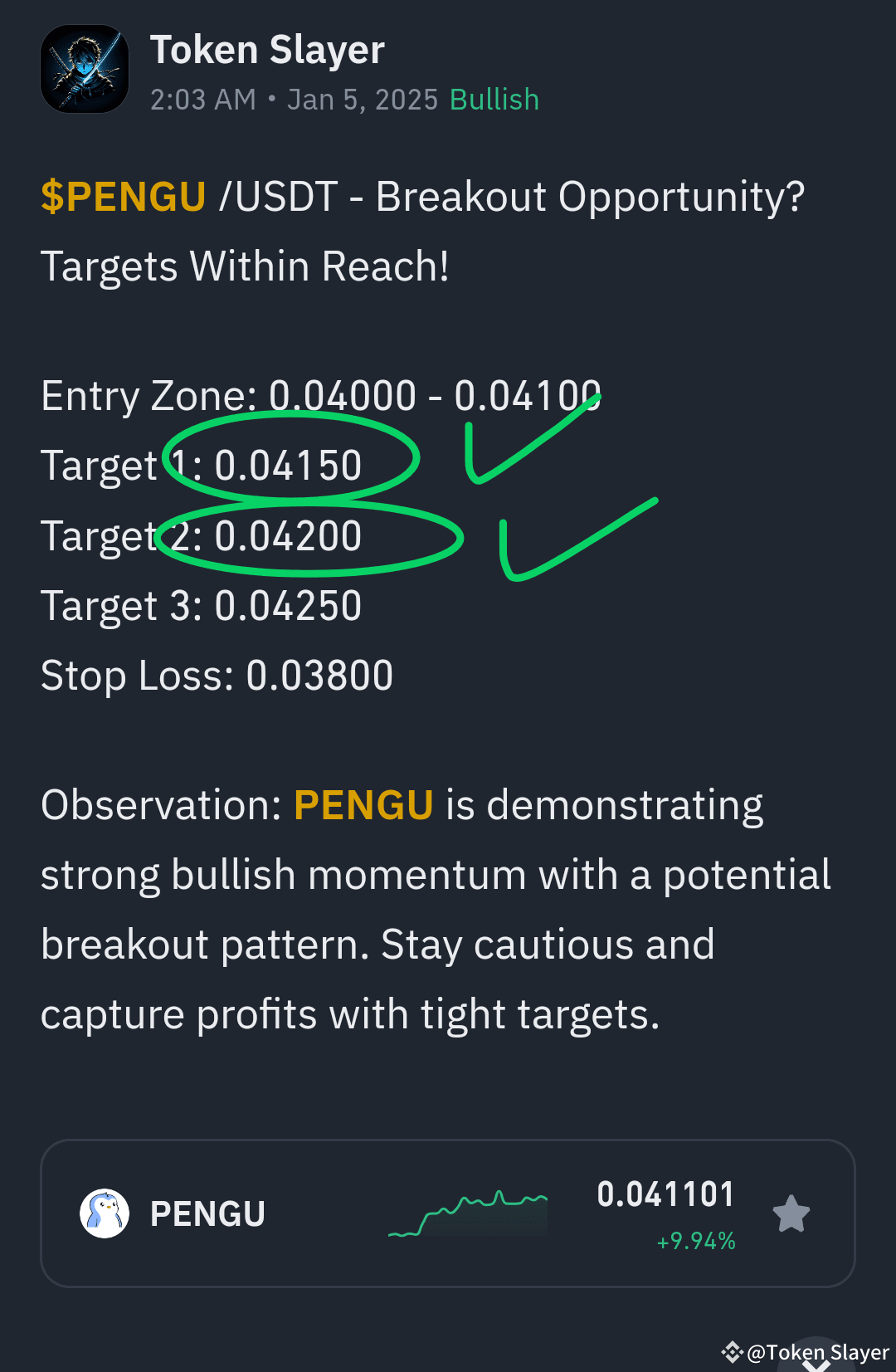 💵$PENGU - Signal provided 10 hours before from now have hi | Token Slayer on Binance Square