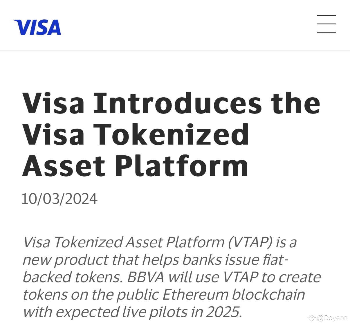 💥BREAKING: VISA TO LAUNCH TOKENIZED ASSET PLATFORM ON ETHE | Doyenn on ...