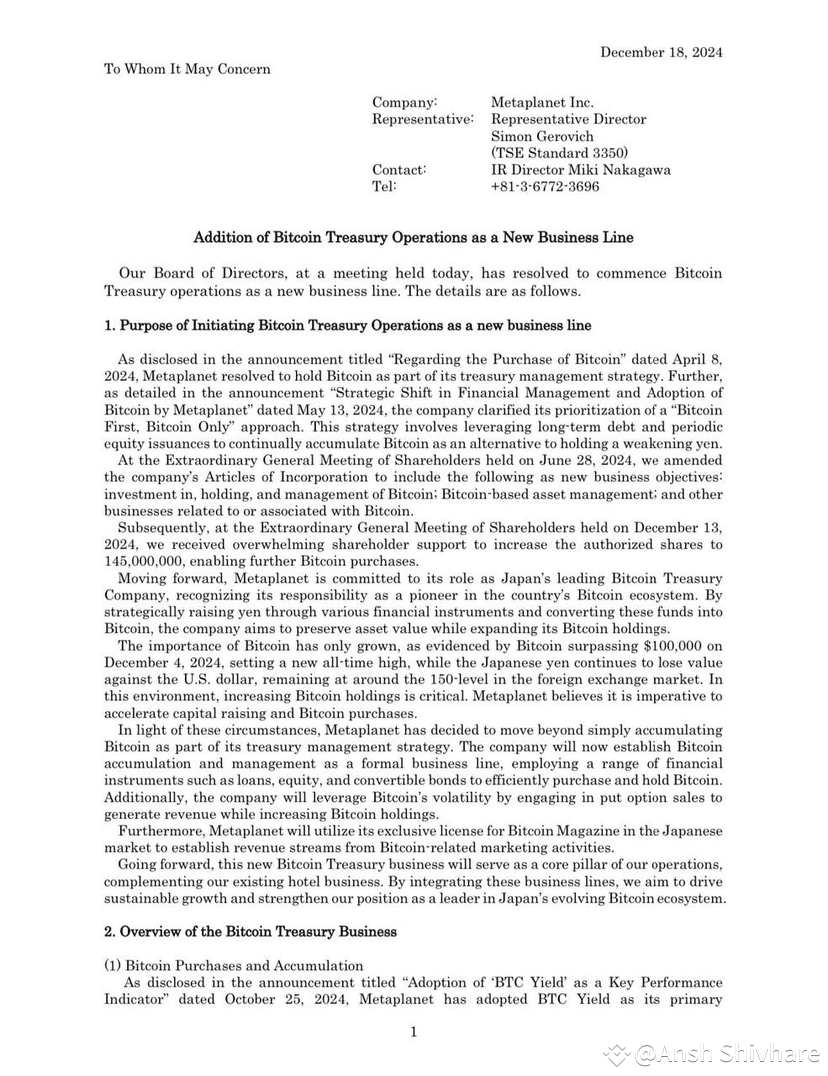 Metaplanet Adds #Bitcoin 🚀Treasury Operations as Official N | Ansh ...
