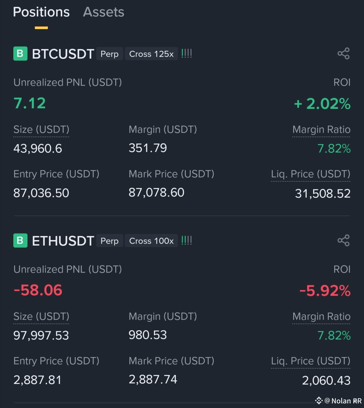 I just opened my $200k long on $BTC and $ETH . Smart entry = | Nolan RR ...