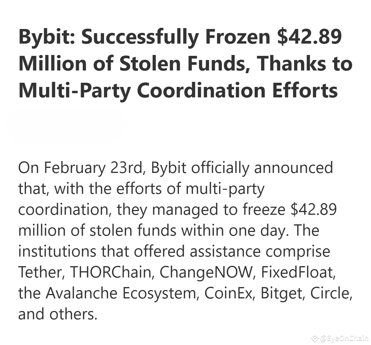 Bybit: Successfully Frozen $42.89 Million of Stolen Funds, T ...