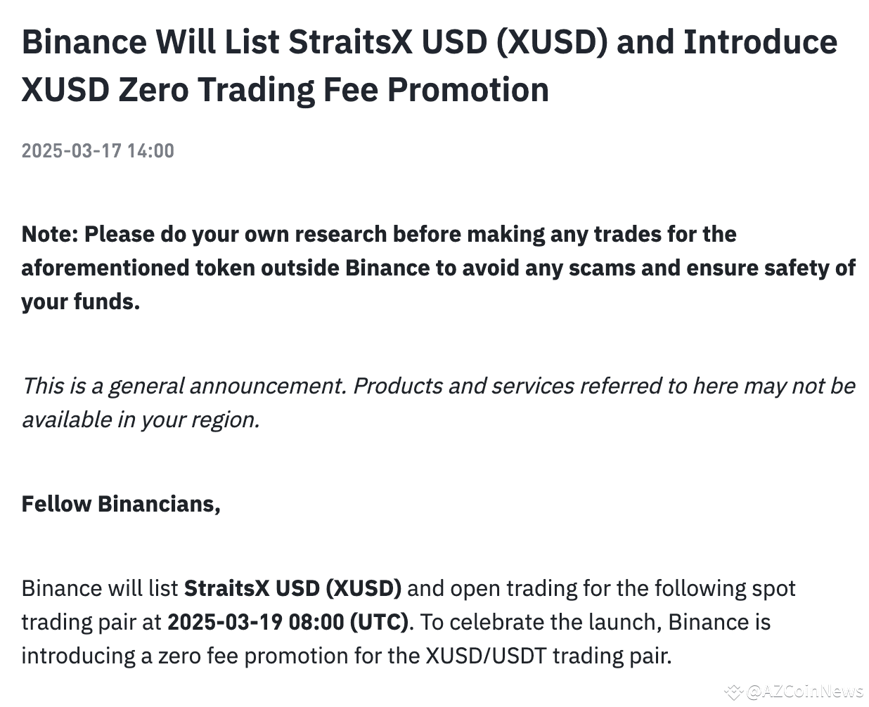 Binance Announces Listing of StraitsX USD (XUSD) with Zero-F | CoinPhoton on Binance Square