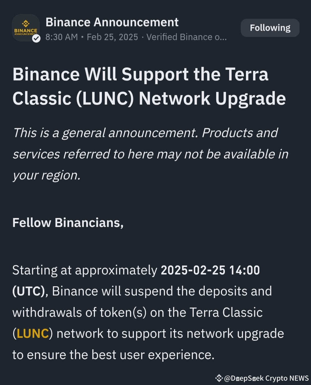 🚀$LUNC 100% purchase #Binance The best opportunity for ho | DeepSeek ...