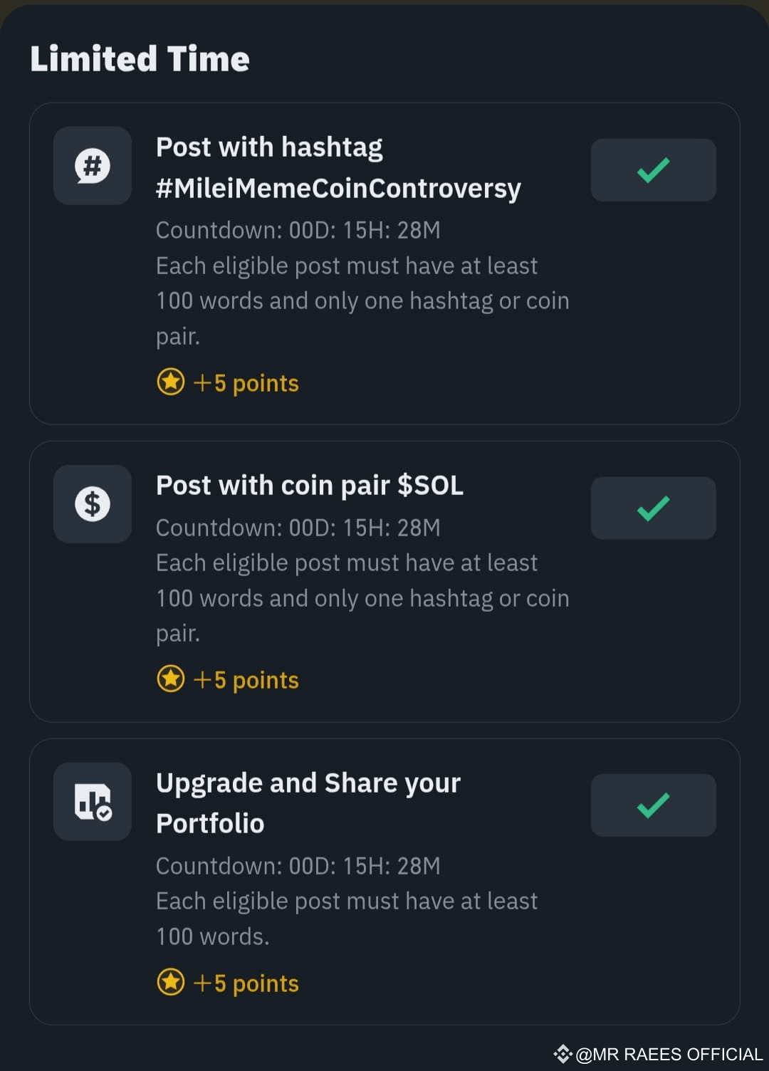 🚨 Binance Square Tasks Center 🤠 check in + 3 ne task 🟢 C | MR RAEES OFFICIAL on Binance Square