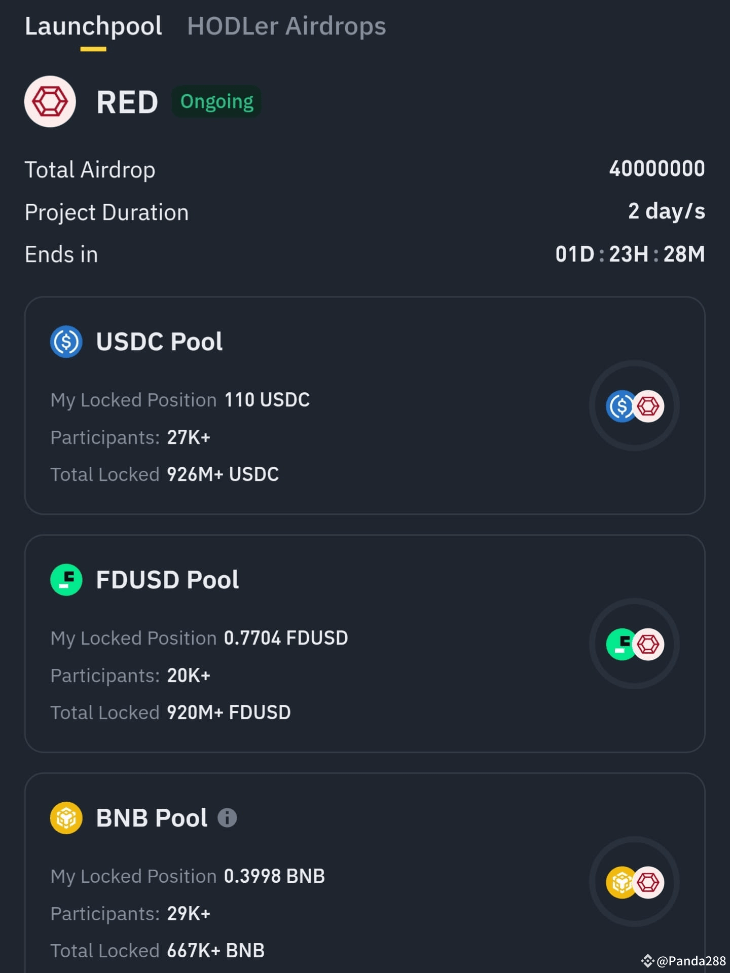 #BinanceLaunchpoolRED Airdrop Ongoing $BNB $USDC $FDUSD | Panda288 on ...