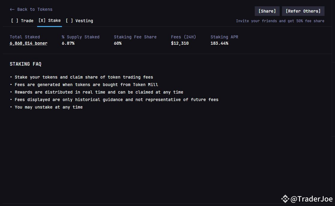 Token Mill lets you stake tokens to earn fees. Fees are gen | TraderJoe on Binance Square