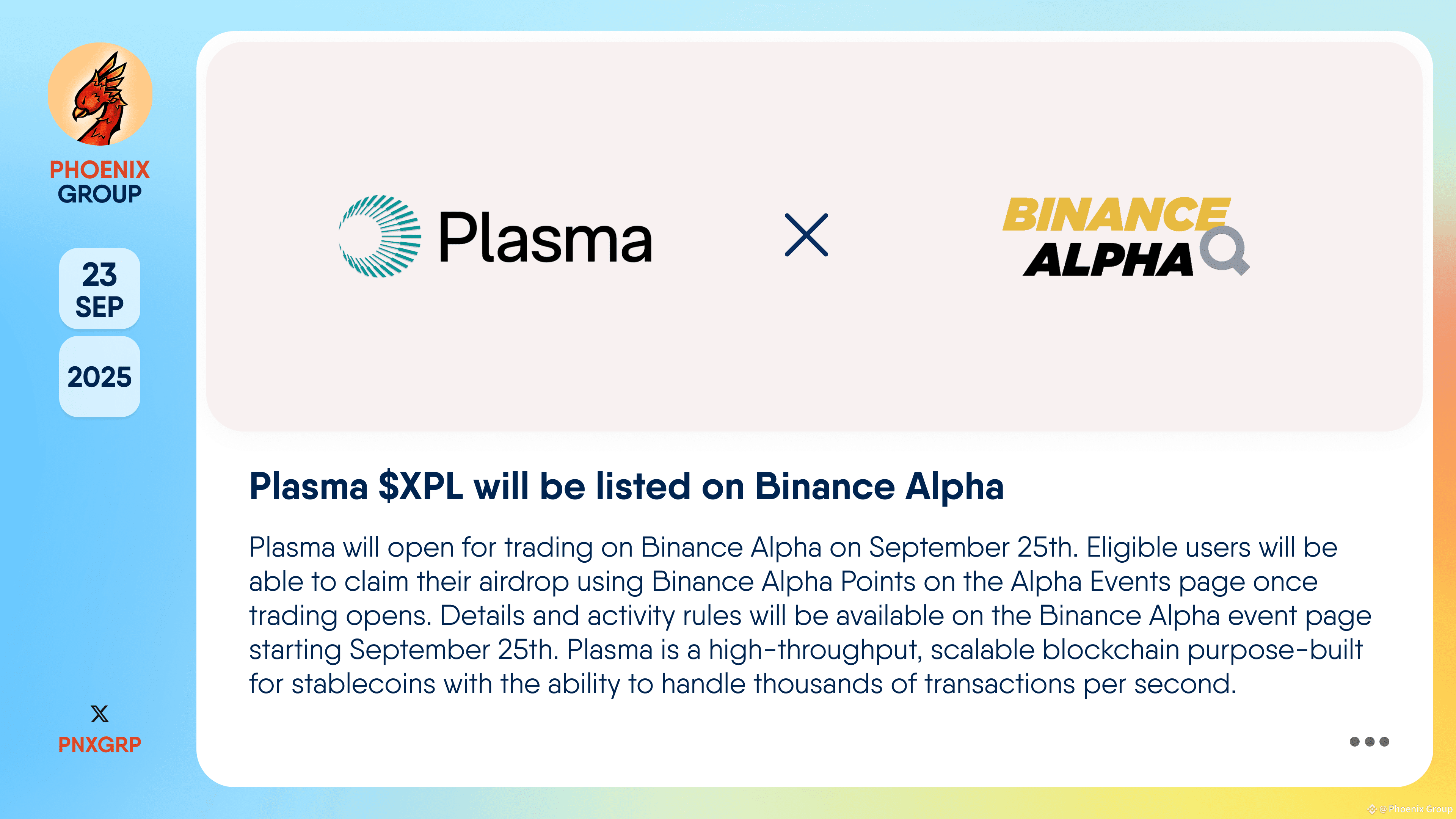 Plasma $XPL will be listed on Binance Alpha #Plasma will | Phoenix ...