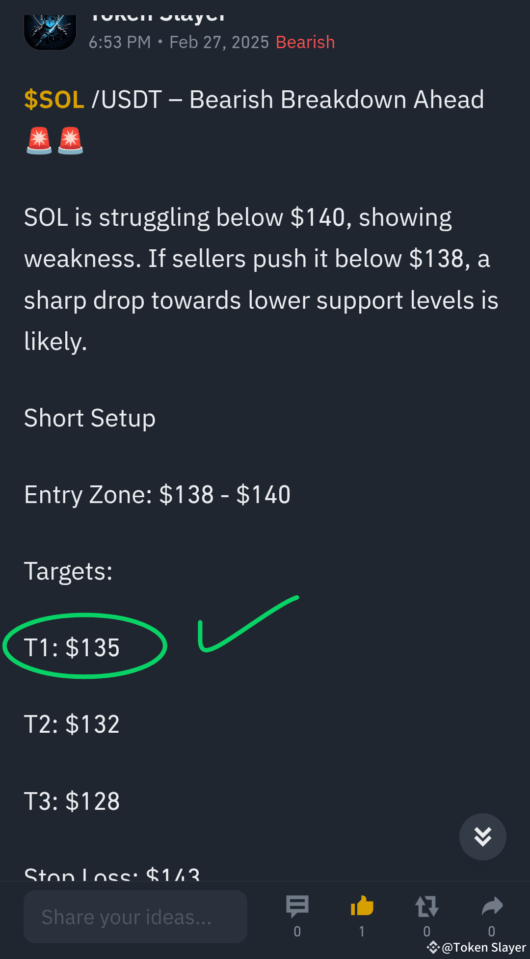 💵$SOL Short - Signal provided few hours before from now ha | Token Slayer on Binance Square