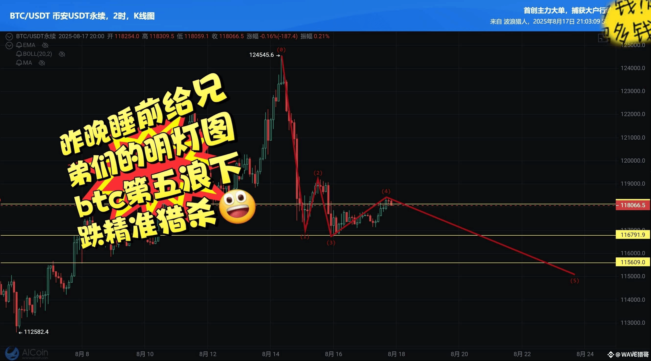 Last night's BTC 5️⃣ wave chart on the daily level has | WAVE猎哥 on ...