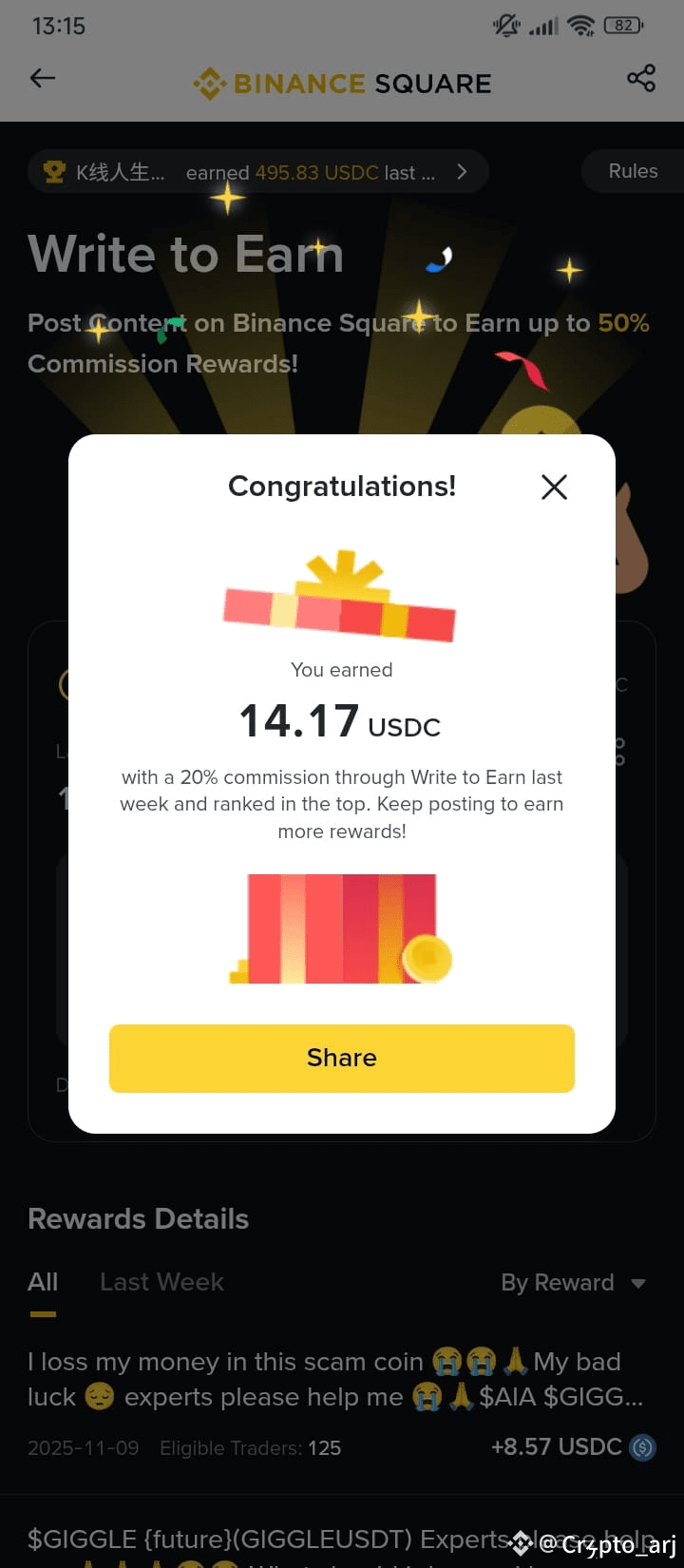 *"Grateful to receive 14.17USDC from Binance's Write to Earn | Crypto ...