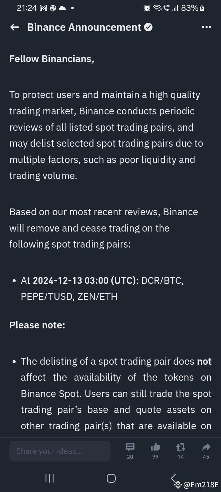 #Binance will move PEPE, ZEN, TUSD | Em218E on Binance Square