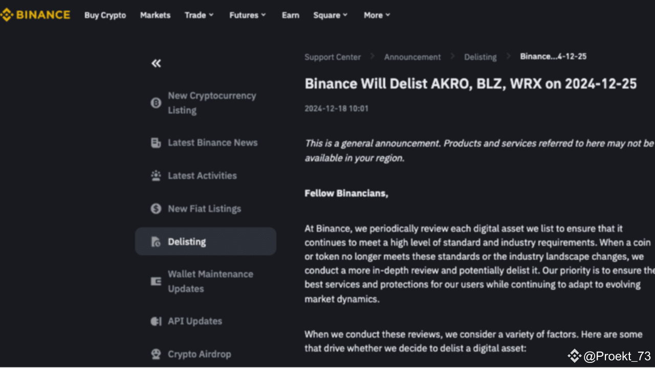 Binance is delisting the tokens AKRO, BLZ, and WRX effective December 25. | Proekt_73 on Binance ...