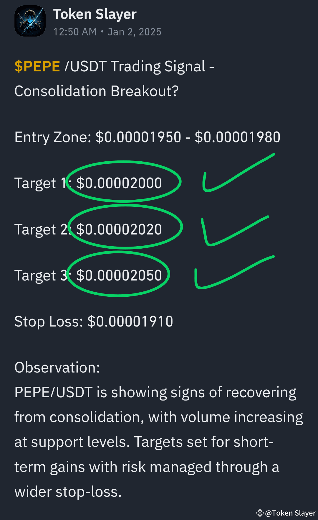 💵$PEPE - Signal provided 11 hours before from now have hit | Token Slayer on Binance Square
