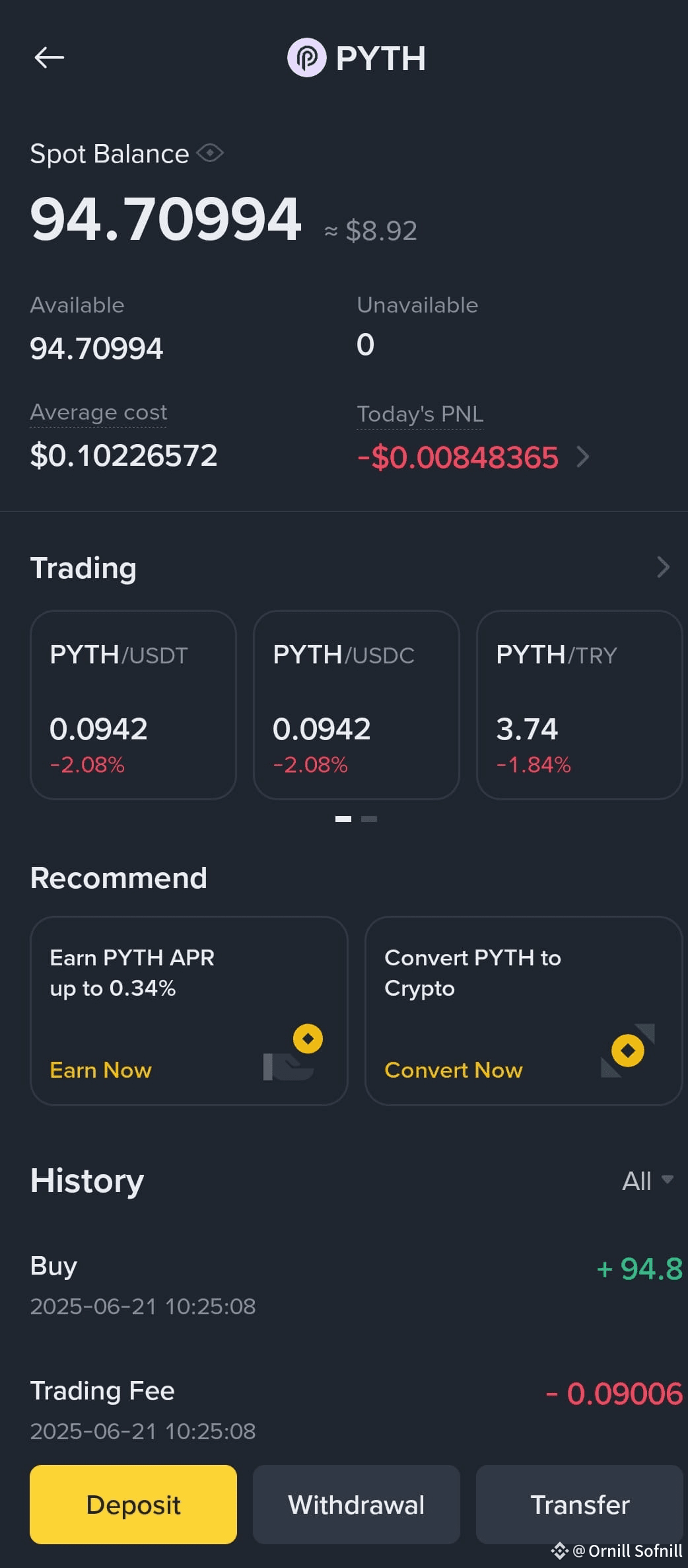 I am holding $PYTH and 3 $WCT coin and once more Holding 61 | Ornill ...