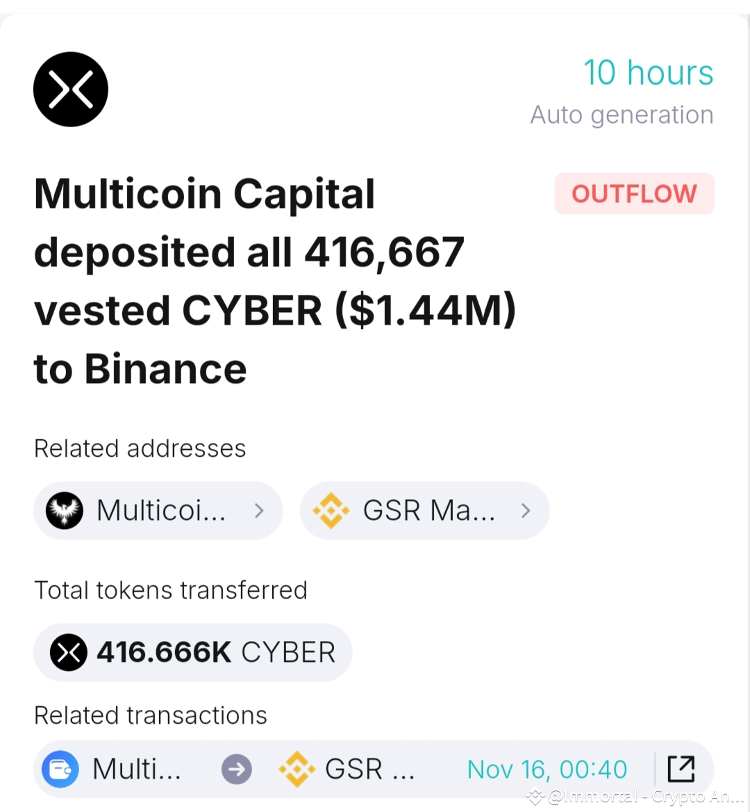 🚨🚨 Multicoin Capital deposited all 416,667 $CYBER ($1.44M) | Immortal - Crypto Alpha on Binance ...