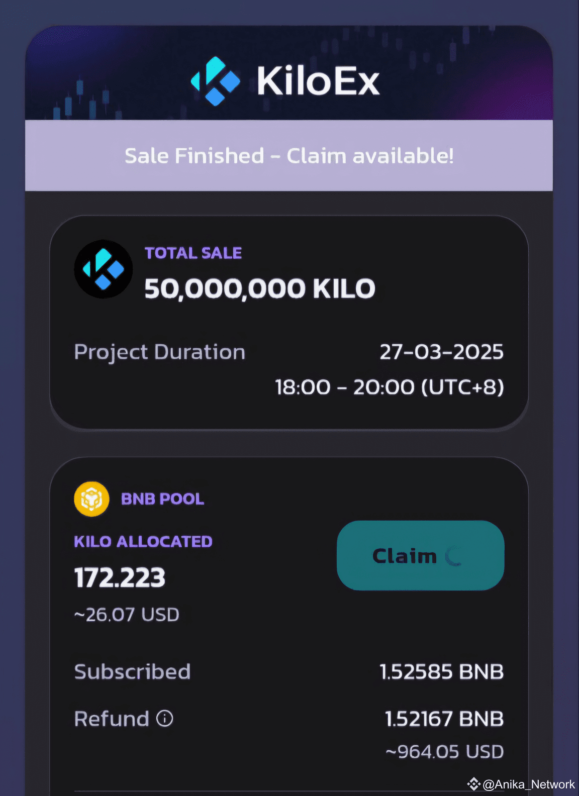 🎉 KiloEx $KILO Token Generation Event: 172.223 KILO Claimed | Anika ...