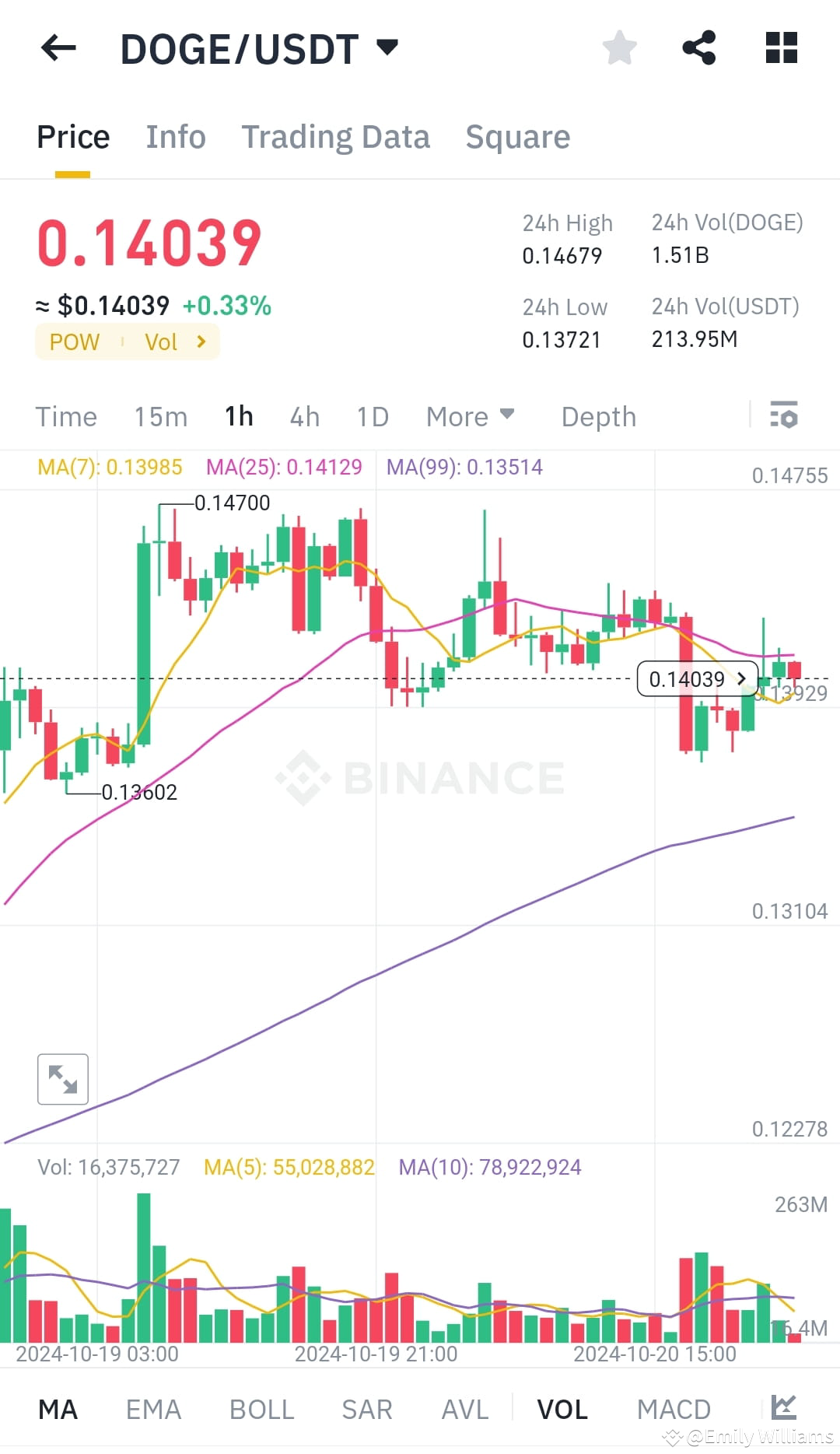 Market Update for $DOGE (Dogecoin) Current Price: $0.140 | Emily Williams on Binance Square