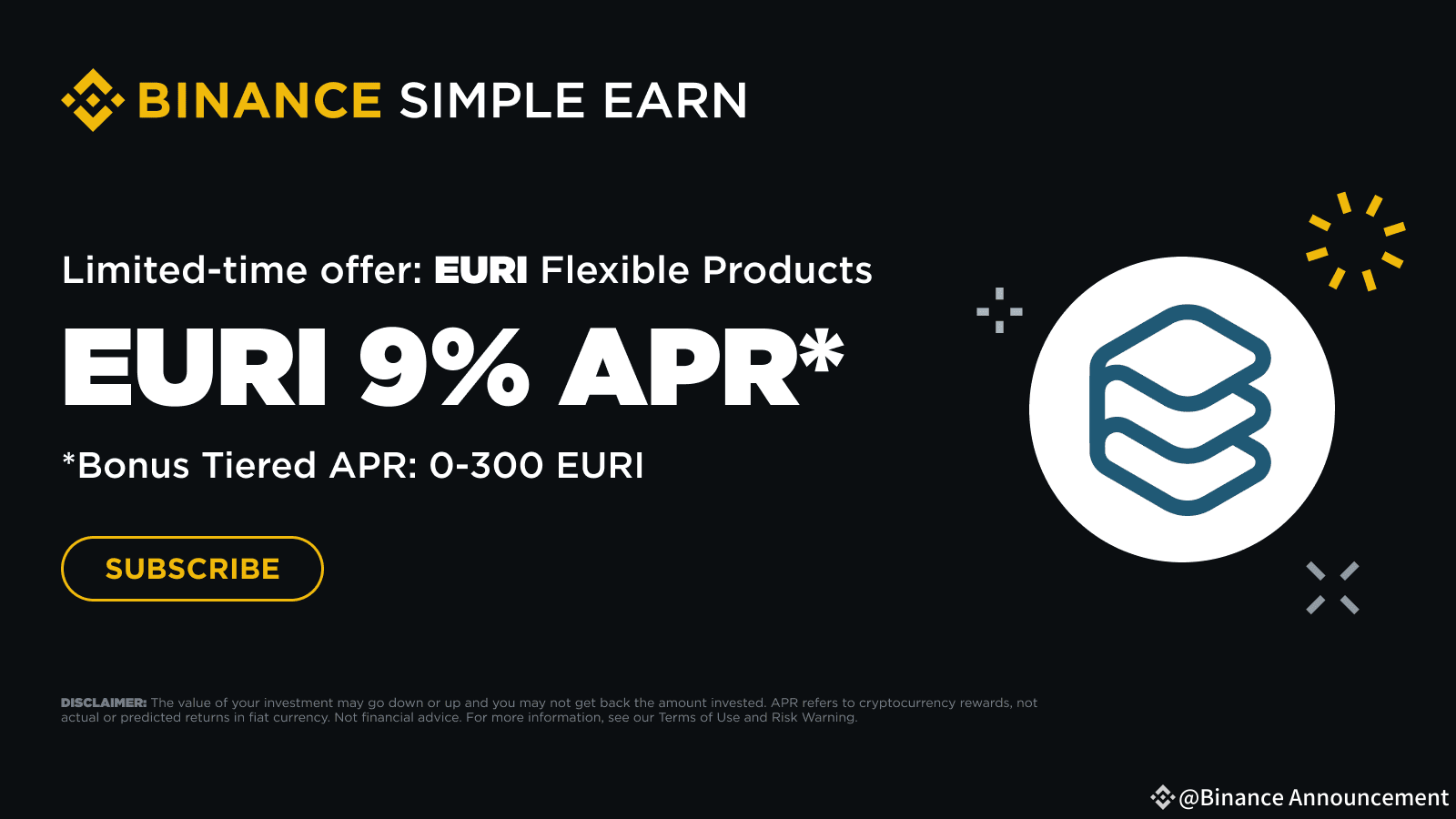 Binance Earn: Enjoy 9% Bonus Tiered APR with EURI Simple Earn Products! | Binance Announcement ...