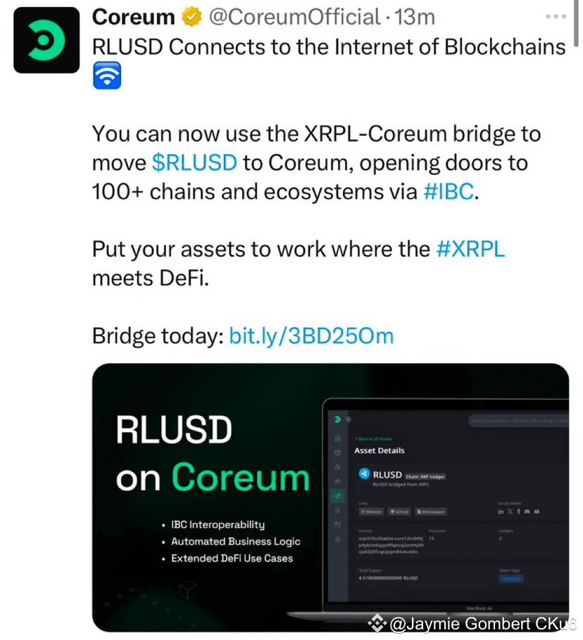 🚨 最新情報: COREUMは、XRPL-COREUMブリッジを使用して『RLUSD』をCOREUMに移動できるよう | Jaymie Gombert CKu6 － Binance Square