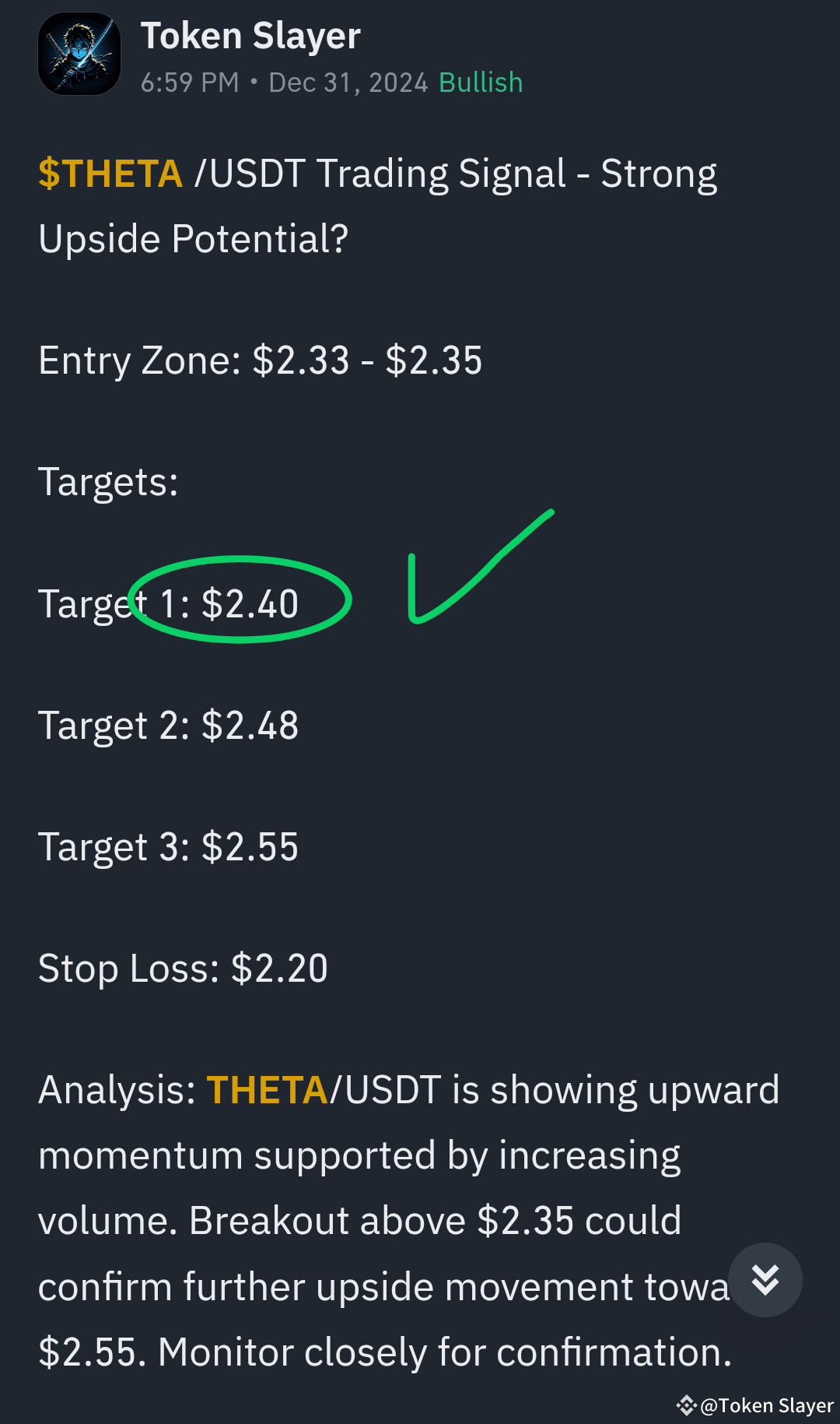 💵$THETA - Signal provided 3 hours before from now have hit | Token Slayer on Binance Square