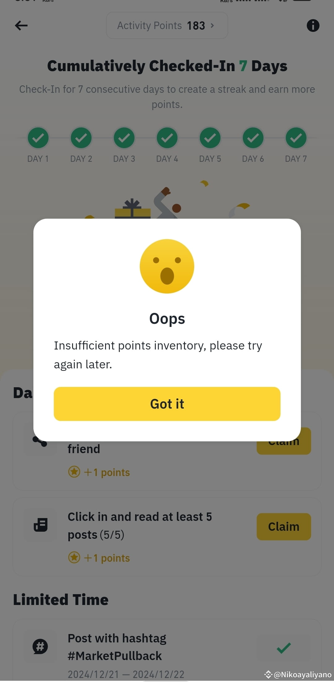 ohh!! no today again problem. i can't clam my daily point.My ...