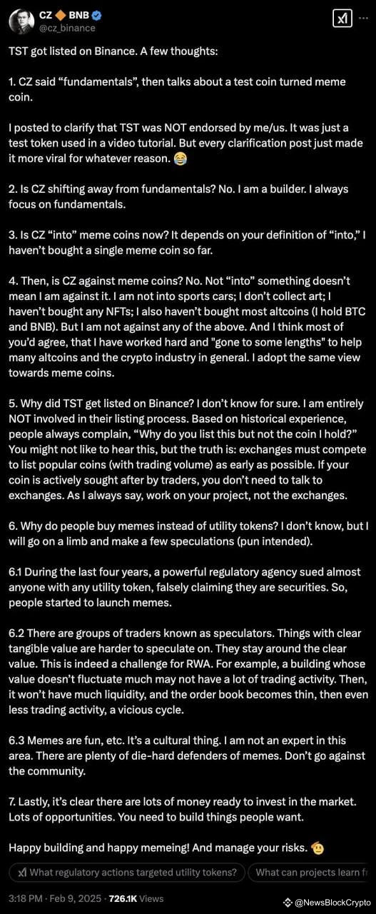 📌 CZ shares his thoughts on the crypto market, meme coin cu | NewsBlockCrypto on Binance Square